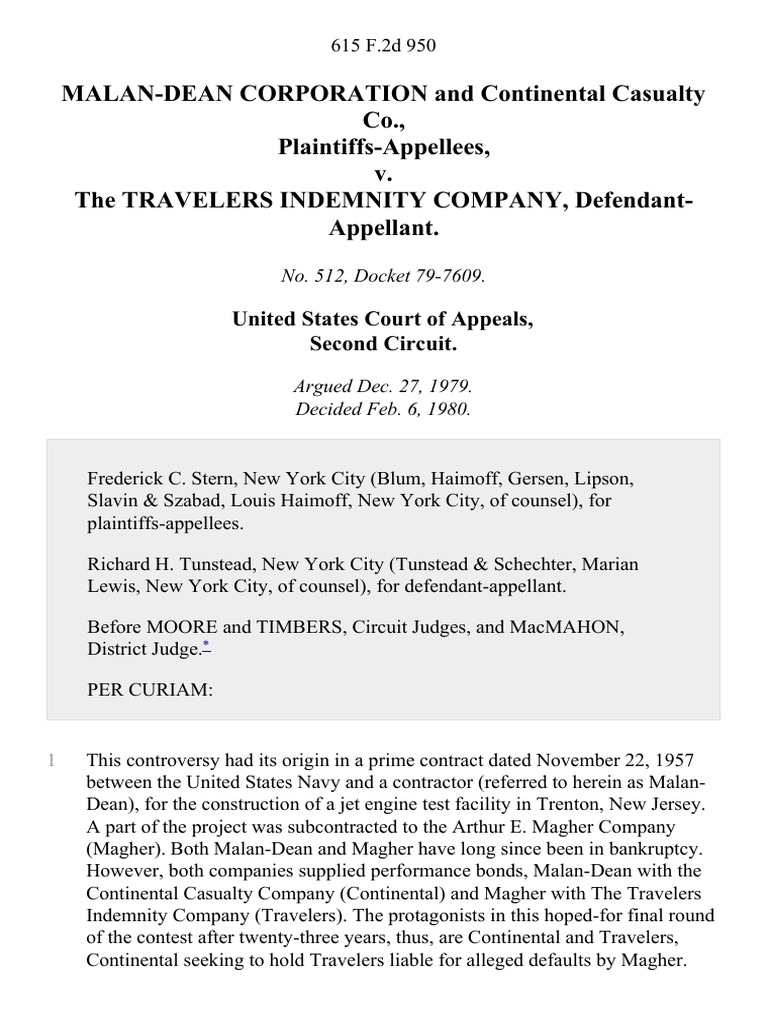 Malan-Dean Corporation and Continental Casualty Co. v. The Travelers ...