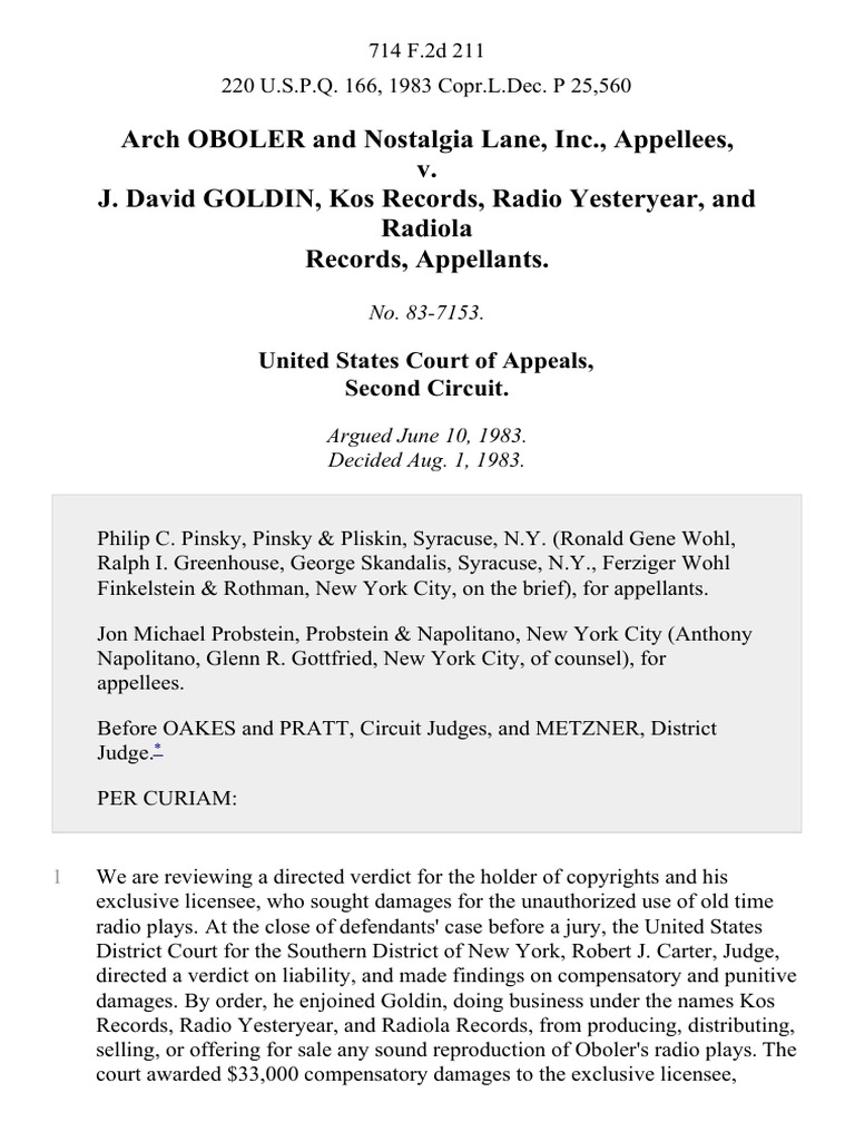 Arch Oboler and Nostalgia Lane, Inc. v. J. David Goldin, Kos Records ...