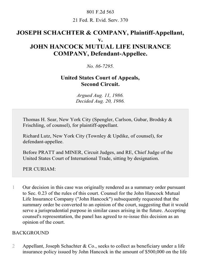 Joseph Schachter & Company v. John Hancock Mutual Life Insurance ...
