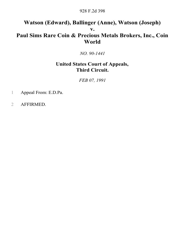 Watson (Edward), Ballinger (Anne), Watson (Joseph) v. Paul Sims Rare ...