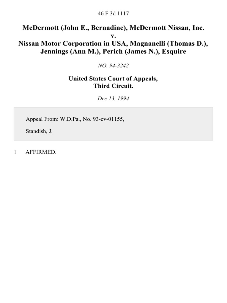 McDermott (John E., Bernadine), McDermott Nissan, Inc. v. Nissan Motor ...