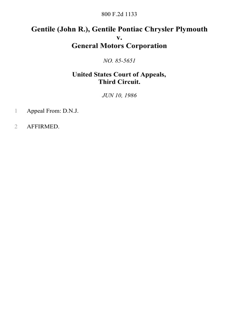 Gentile (John R.), Gentile Pontiac Chrysler Plymouth v. General Motors ...