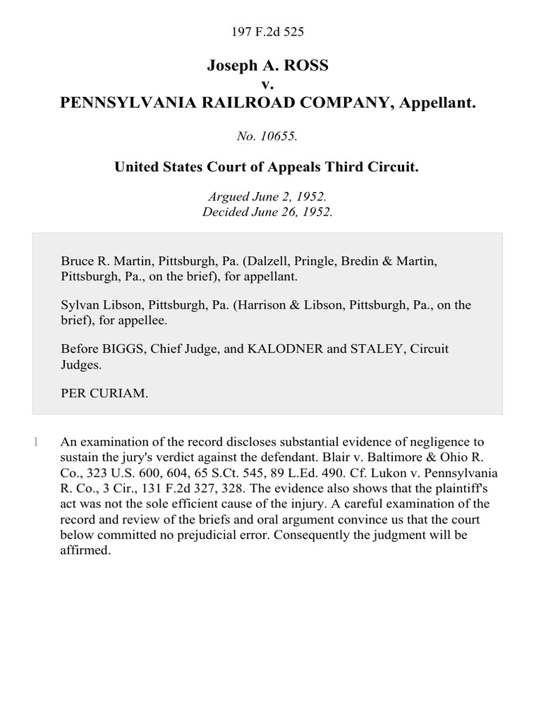 Joseph A. Ross v. Pennsylvania Railroad Company, 197 F.2d 525, 3rd Cir. (1952) | PDF