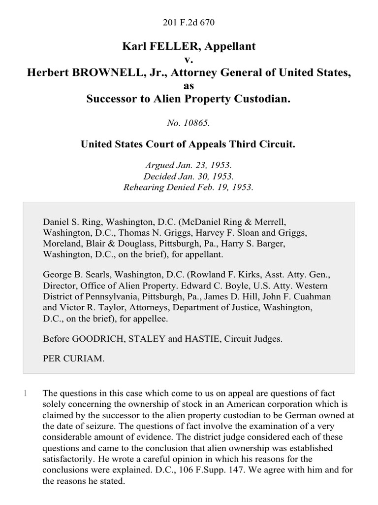 Karl Feller v. Herbert Brownell, JR., Attorney General of United States ...