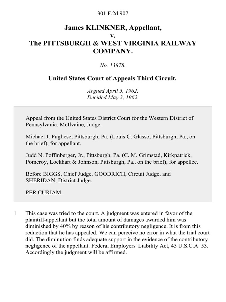 James Klinkner v. The Pittsburgh & West Virginia Railway Company, 301 F.2d 907, 3rd Cir. (1962 ...