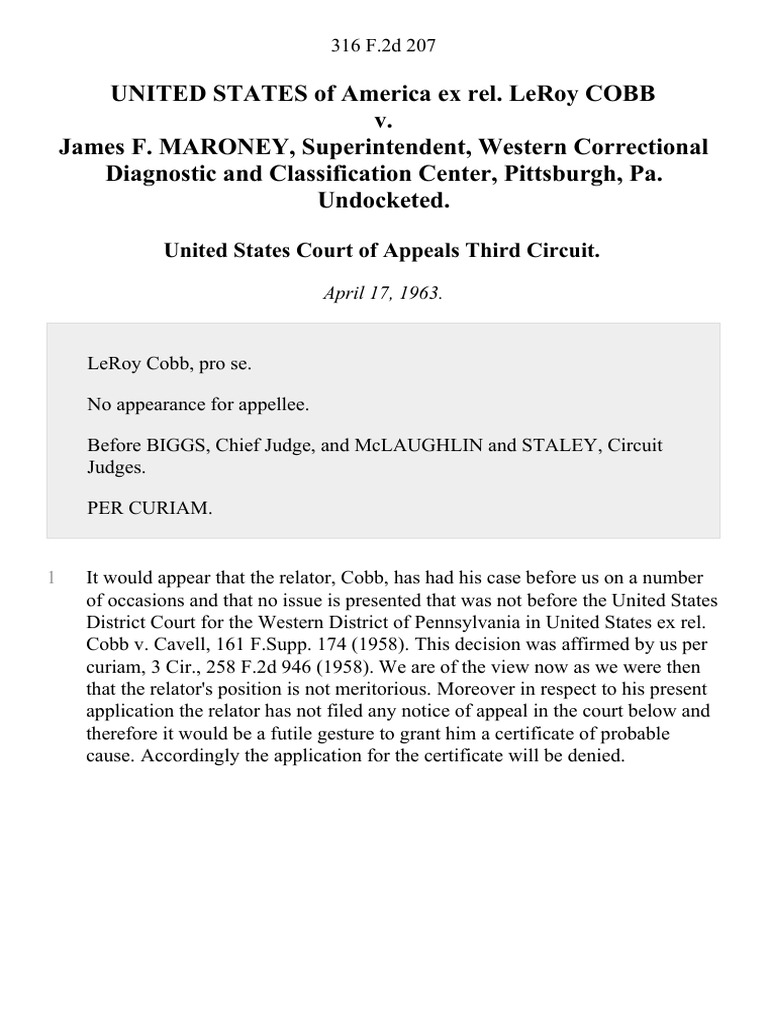 United States of America Ex Rel. Leroy Cobb v. James F. Maroney ...