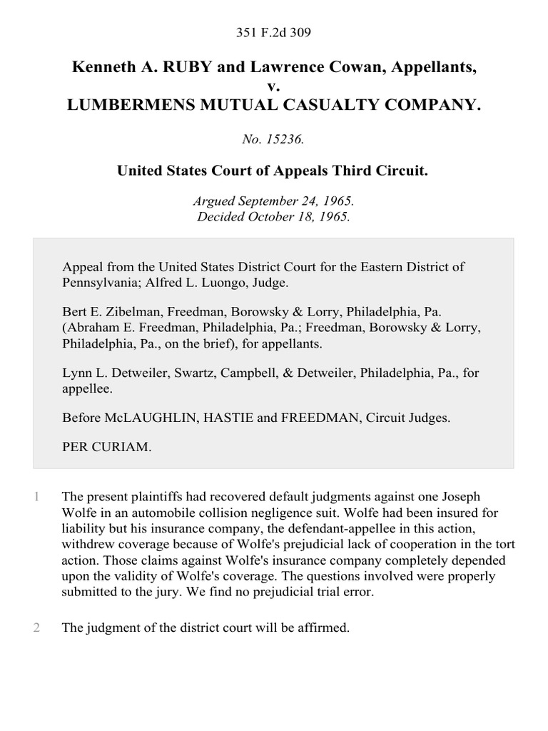 Kenneth A. Ruby and Lawrence Cowan v. Lumbermens Mutual Casualty ...