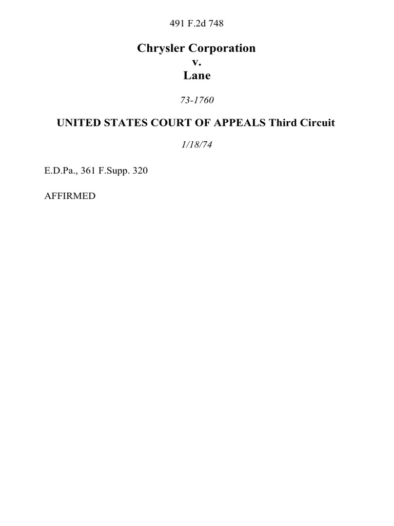 Chrysler Corporation v. Lane, 491 F.2d 748, 3rd Cir. (1974) | PDF | Law