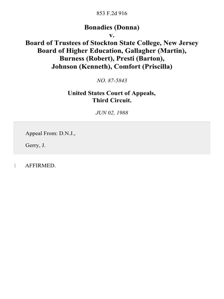 Bonadies (Donna) v. Board of Trustees of Stockton State College, New ...