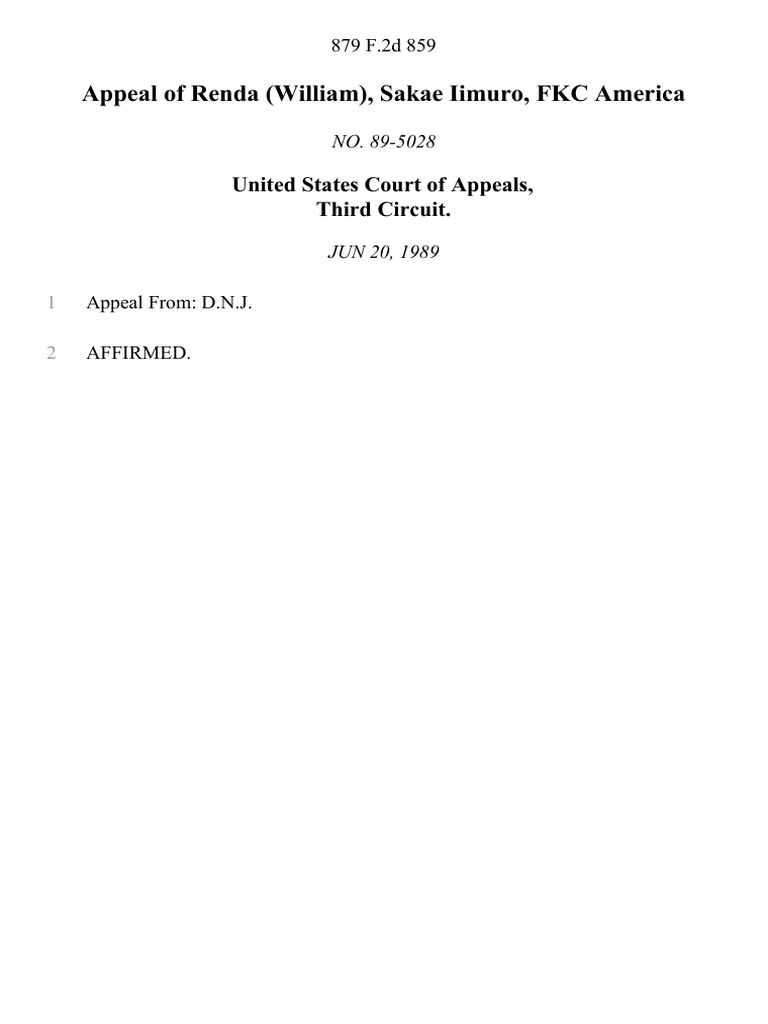 Appeal of Renda (William), Sakae Iimuro, FKC America, 879 F.2d 859, 3rd ...