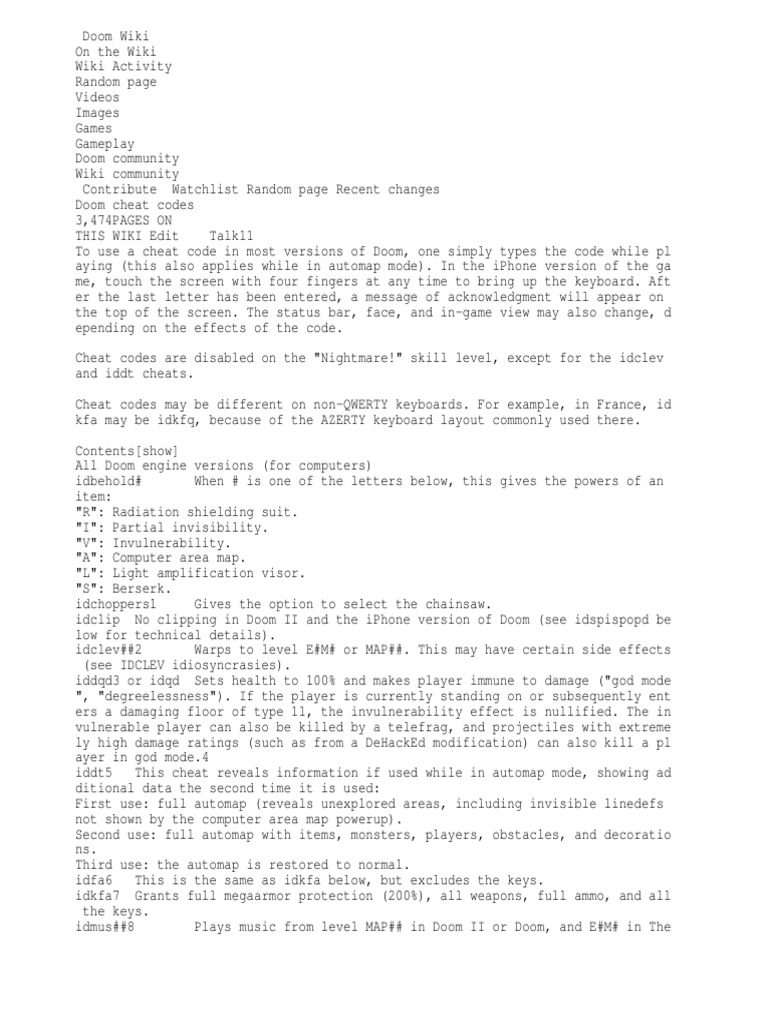Doom Cheat Code | PDF | Cheating In Video Games | Video Games