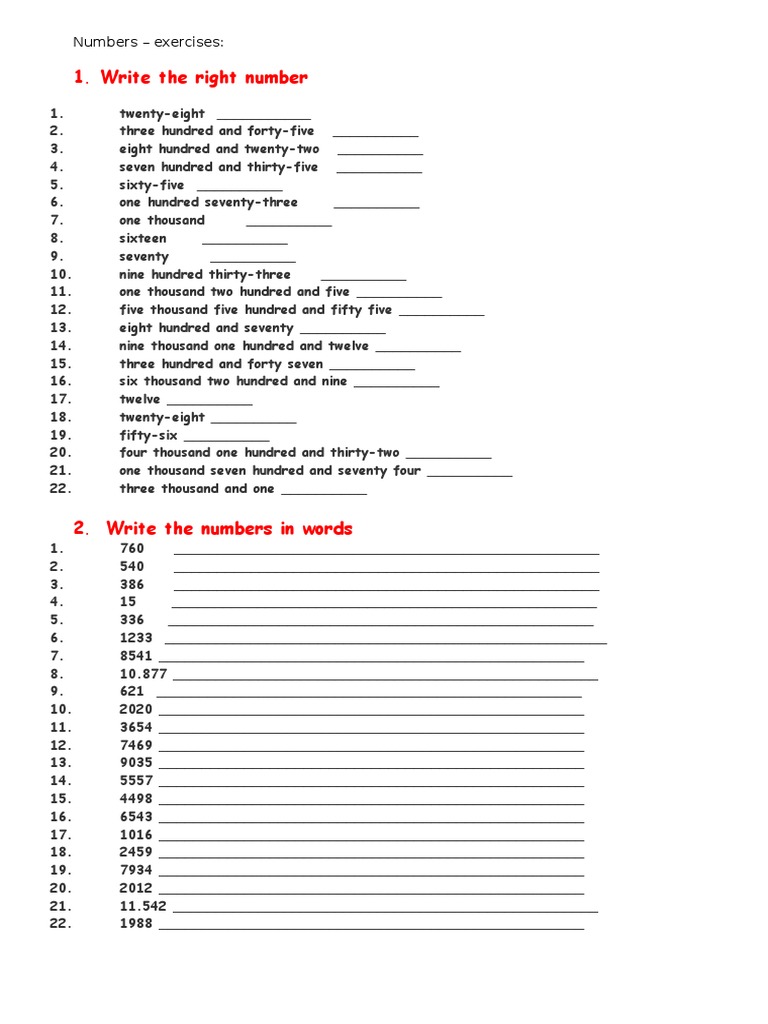 Write The Right Number: Numbers - Exercises | PDF