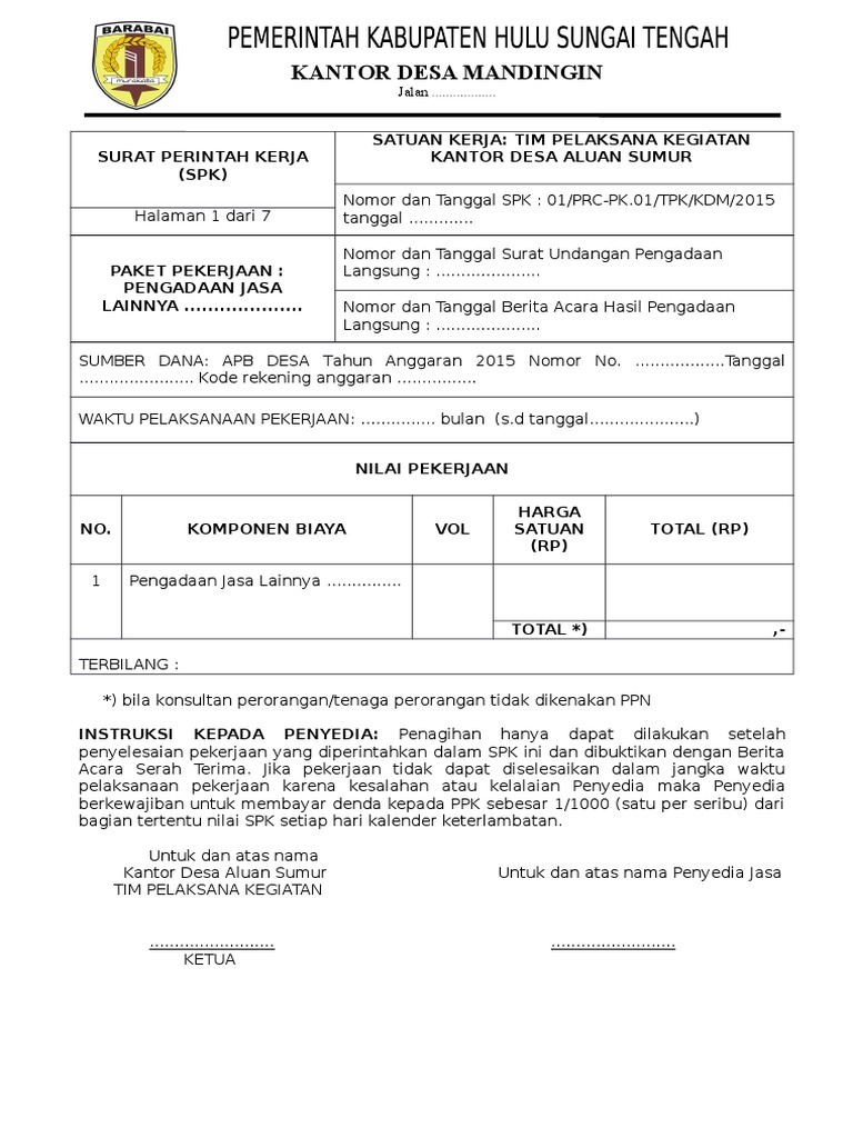Contoh Surat Perintah Kerja SPK | PDF | Pengelolaan Keuangan & Uang