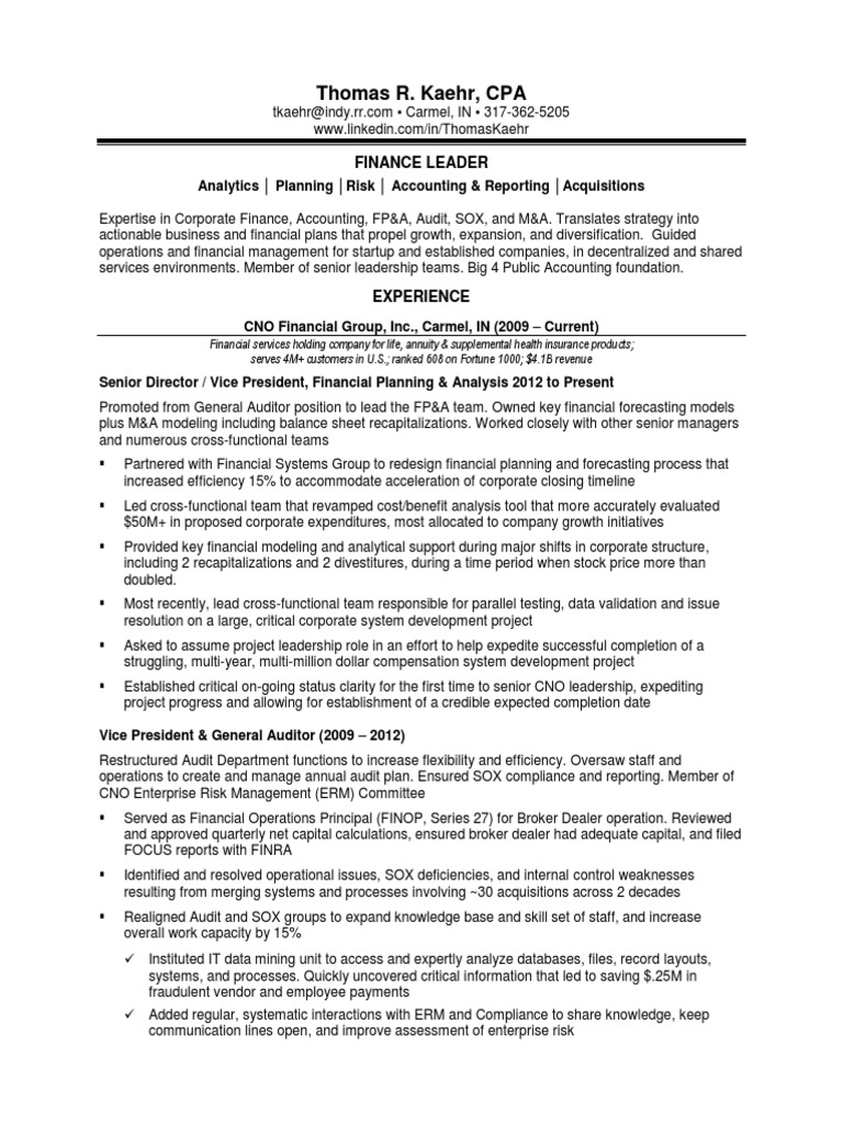 Director VP Finance Controller FP&A Auditing in Indianapolis Resume ...