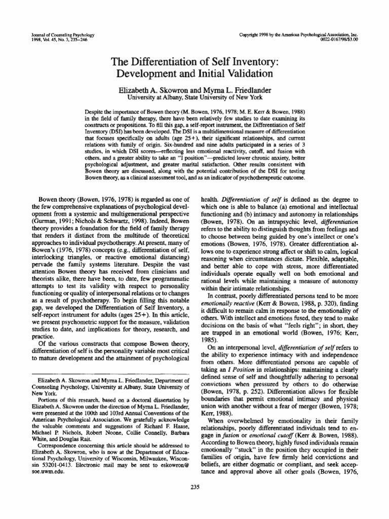 The Differentiation of Self Inventory, Development and Initial ...