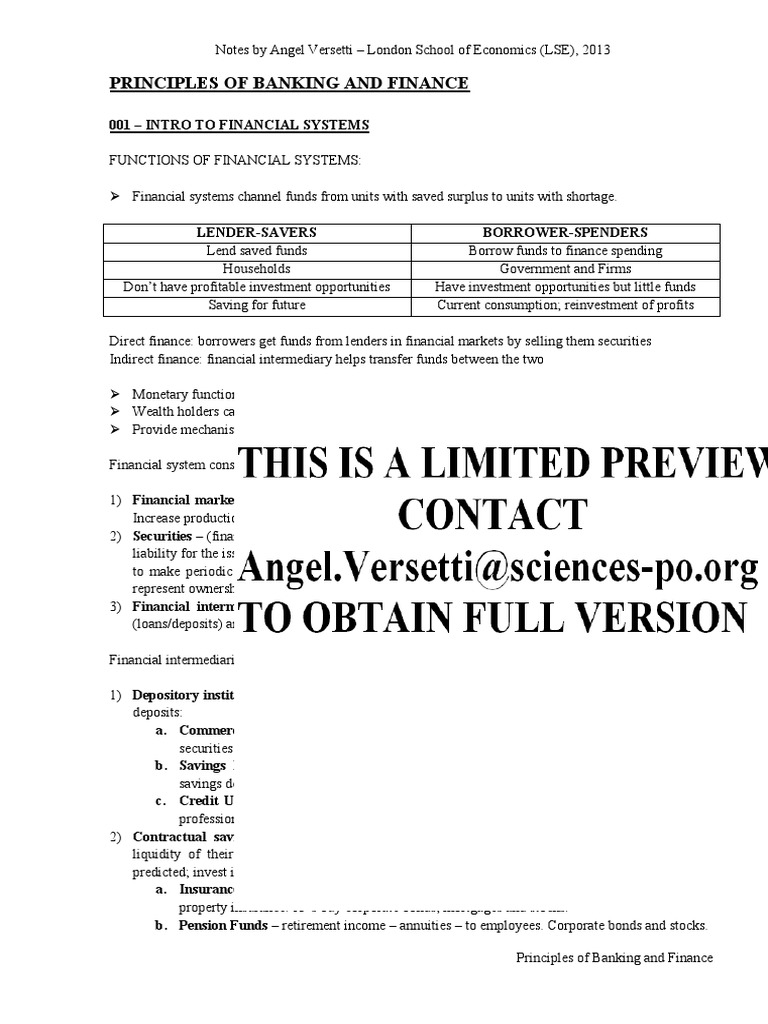 LSE Notes Principles of Banking and Fina PDF | PDF