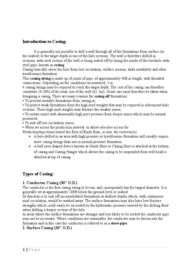 Introduction To Casing:: 1. Conductor Casing (30" O.D.) | PDF | Casing ...