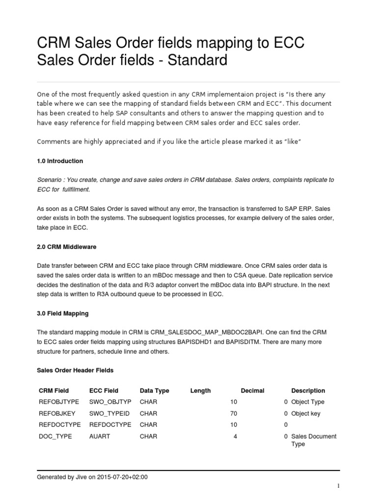 CRM Sales Order Fields Mapping To ECC Sales Order Fields | PDF ...