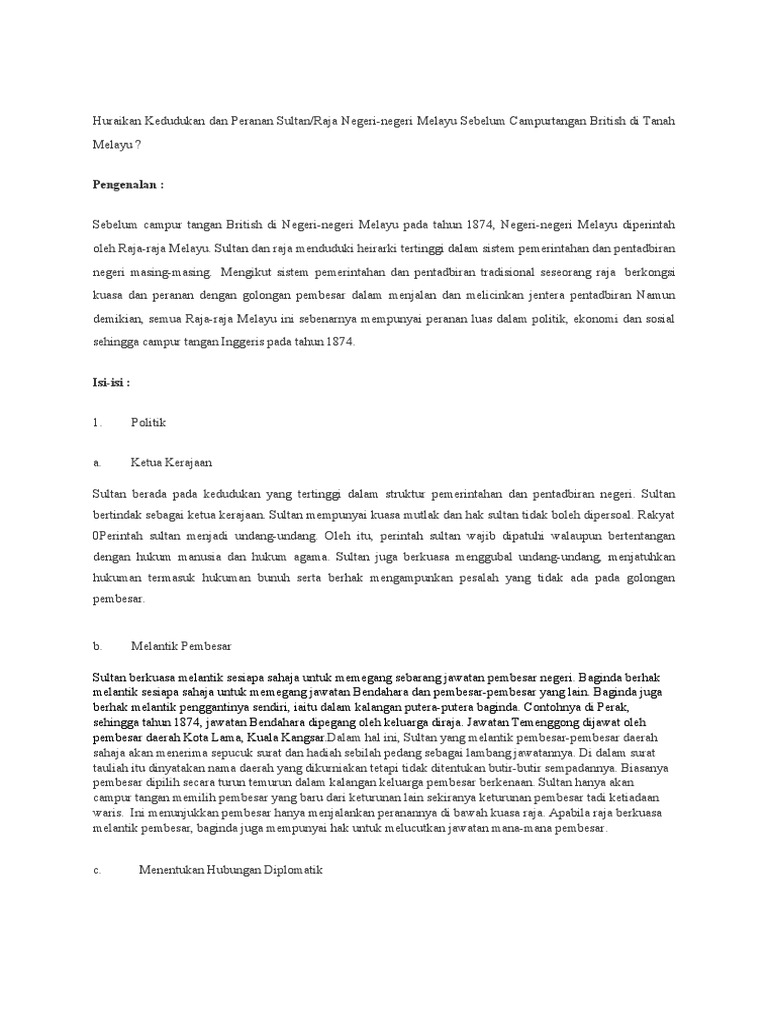 Huraikan Kedudukan Dan Peranan Sultan | PDF | Perjalanan | Sejarah