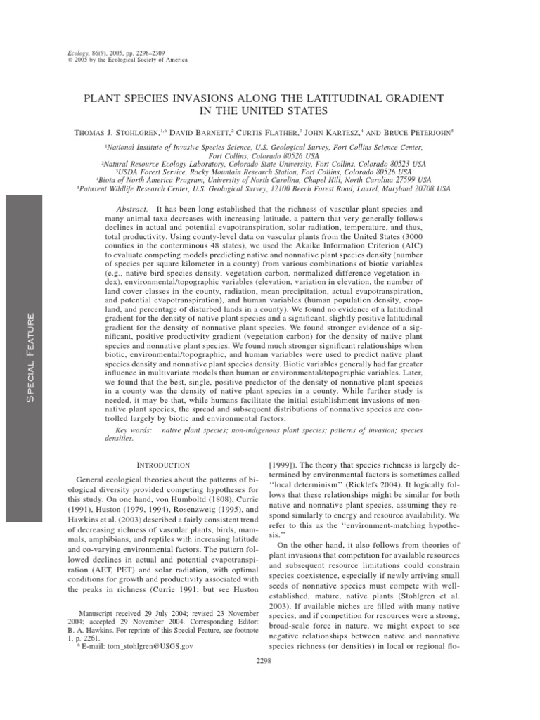 Stohlgren, Et Al. 2005. Ecology, 86, 2298-2309. | PDF | Science ...