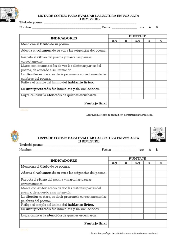 Lista de Cotejo Para Evaluar La Lectura de Poema