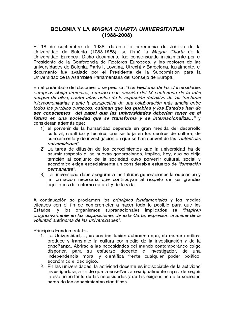 Magna Charta Universitatum 1988-2008 | PDF | Universidad | Conocimiento
