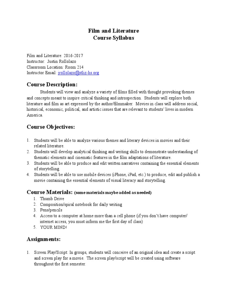 Film and Literature Syllabus 2016-2017 | PDF | Storytelling | Screenplay