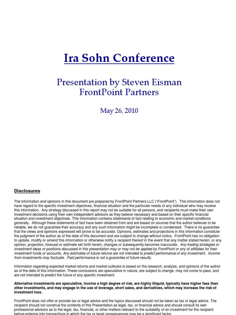 Steve Eisman - Ira Sohn Conference - May 2010 | PDF | For Profit Higher ...