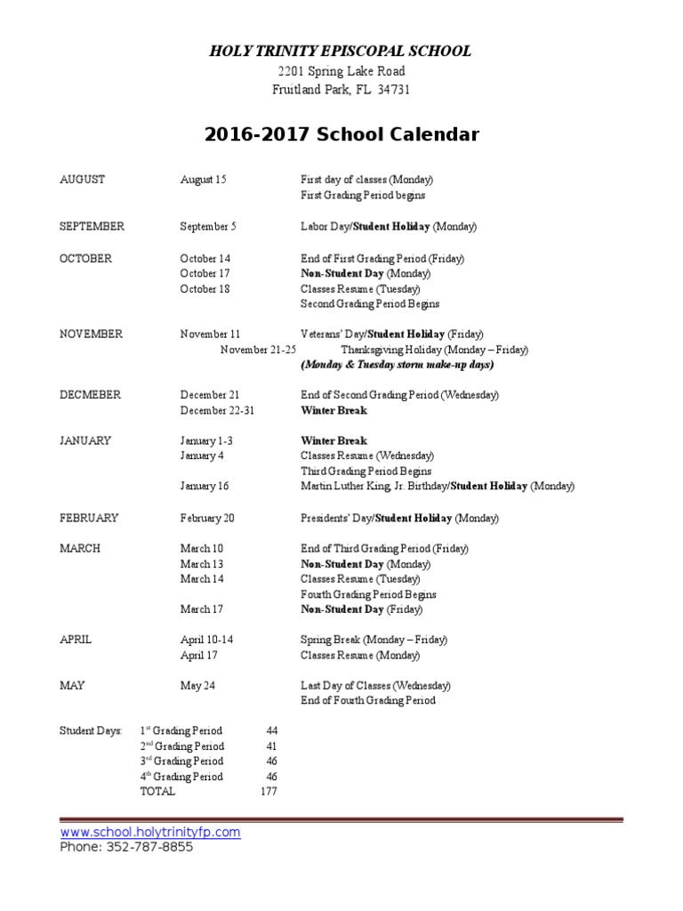 2016-2017 School Calendar | PDF