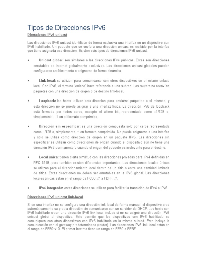 Tipos de Direcciones IPv6 | PDF | Yo Pv6 | Enrutador (Computación)