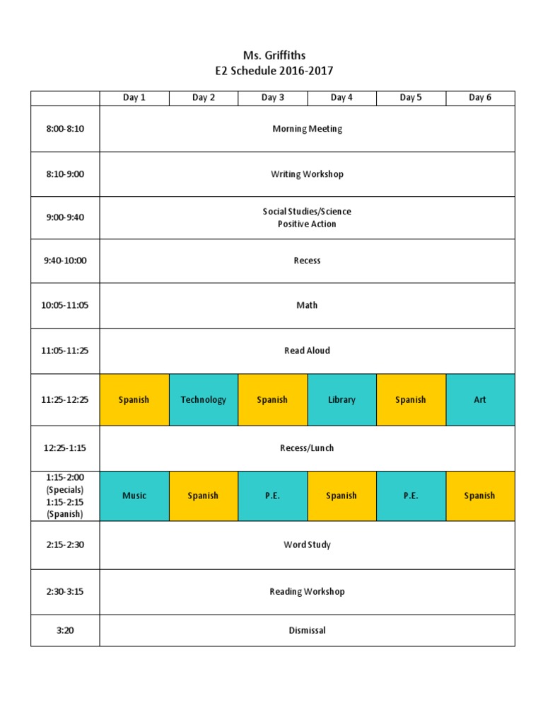 E2 Schedule 2016-2017 | PDF | Language Arts & Discipline