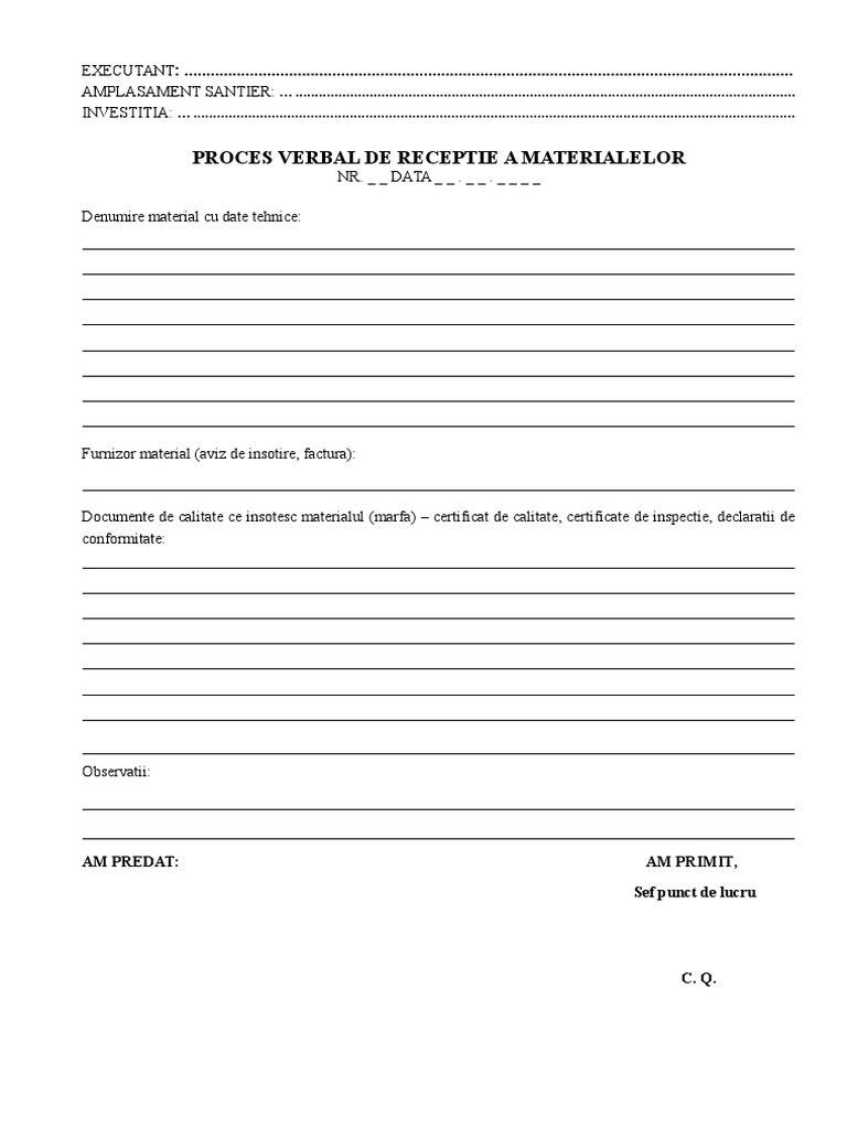 Proces Verbal de Receptie A Materialelor - Model | PDF