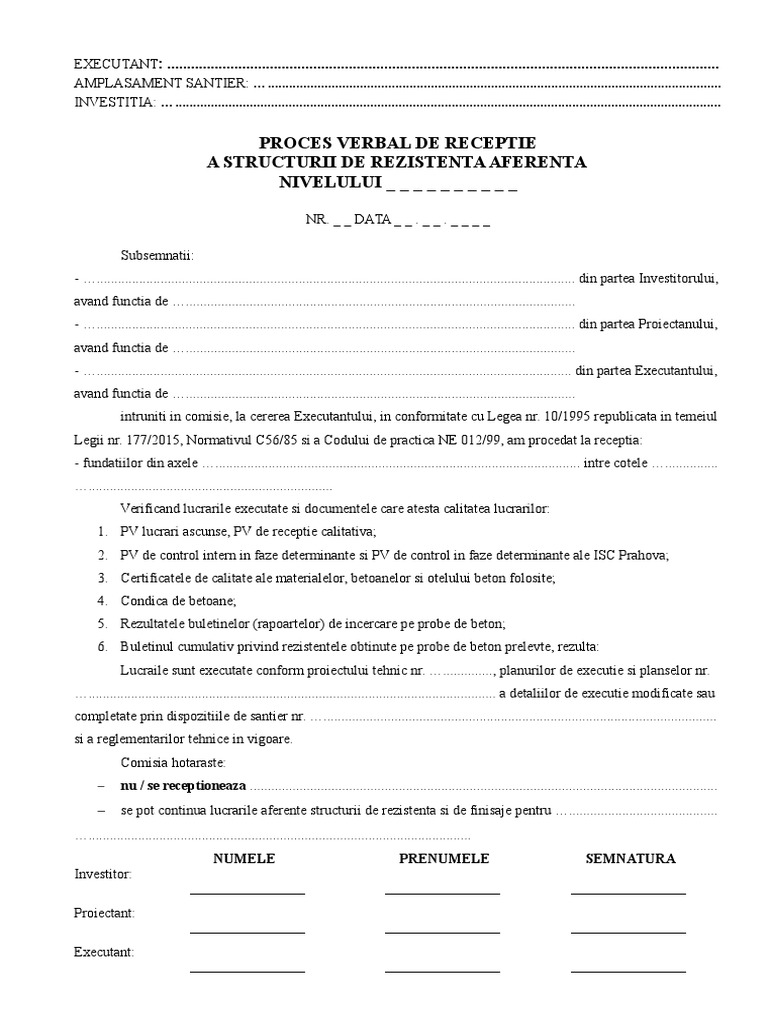 Proces Verbal de Receptie A NIVELULUI - Model | PDF