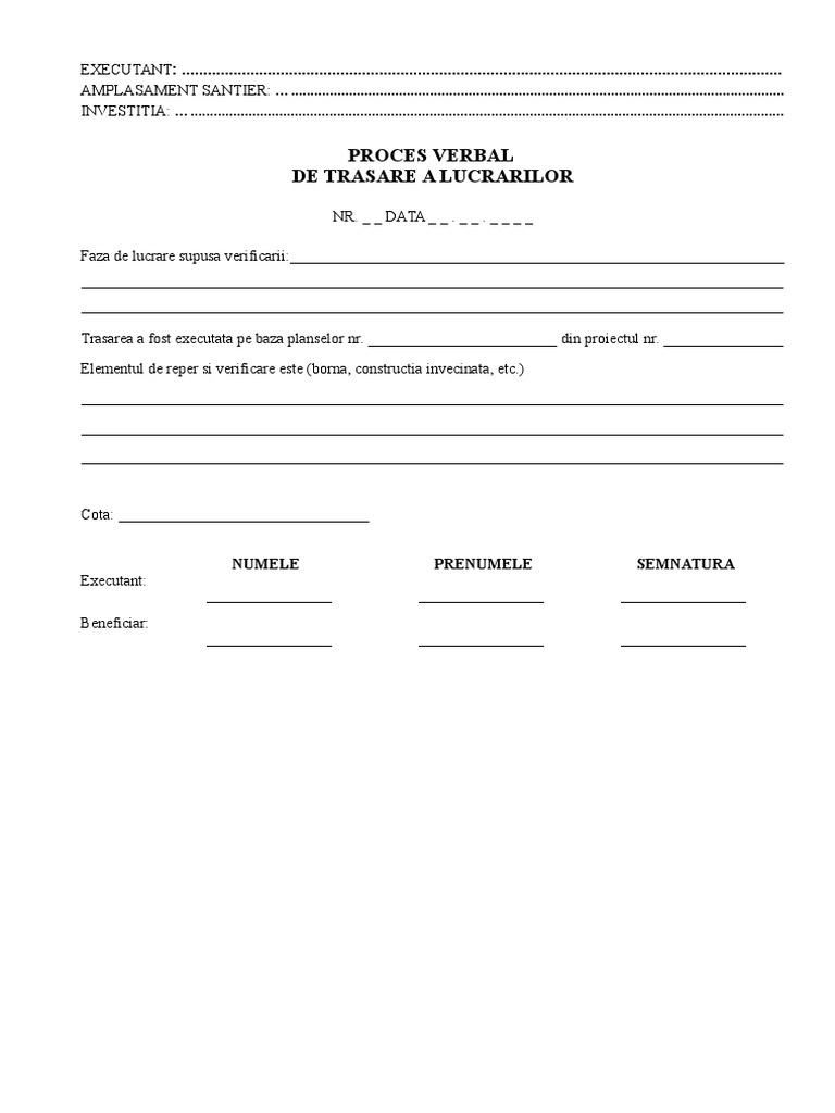 Proces Verbal de Trasare a Lucrarilor - Model