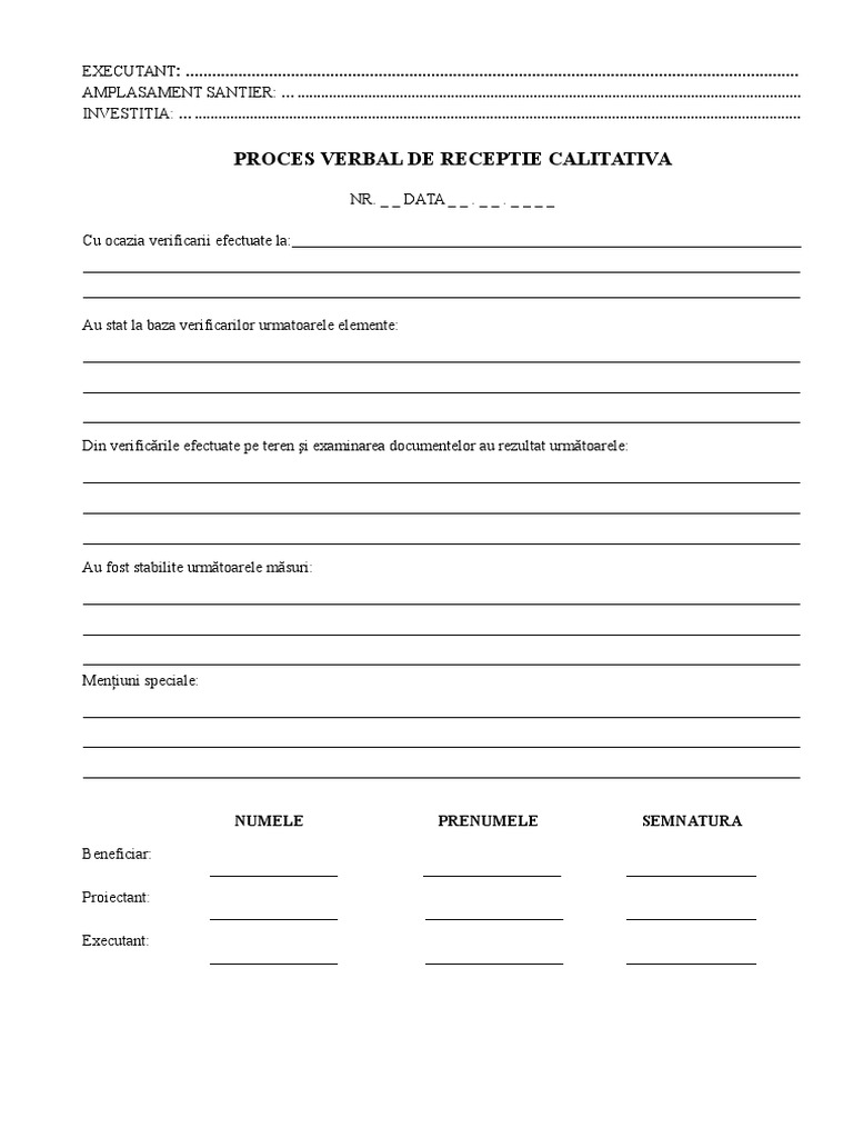Proces Verbal Receptie Calitativa - Model | PDF