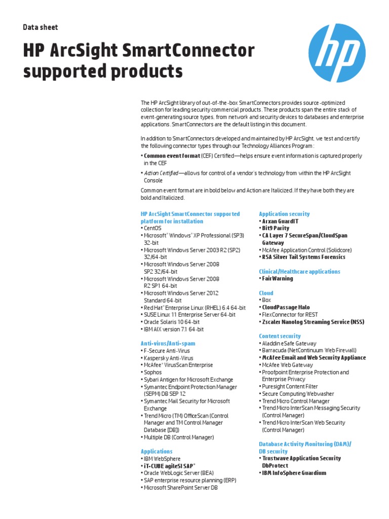 HP ArcSight SmartConnectors Supported Products Aug 2014 PDF | PDF | Firewall (Computing) | Cisco ...