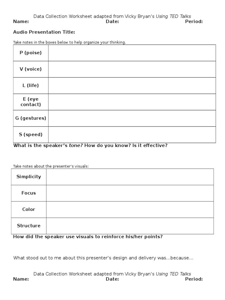 Data Collection Worksheet Adapted From Vicky Bryan's Using TED Talks | PDF