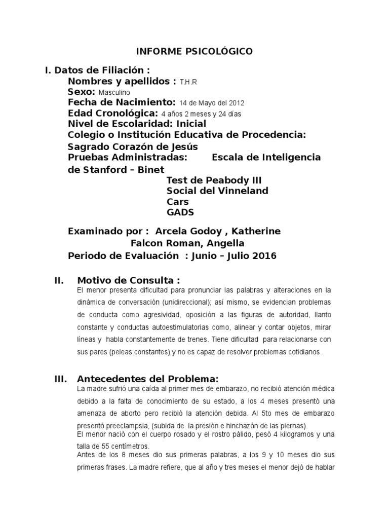 Informe Psicológico - Modelo | PDF | Autismo | Sicología