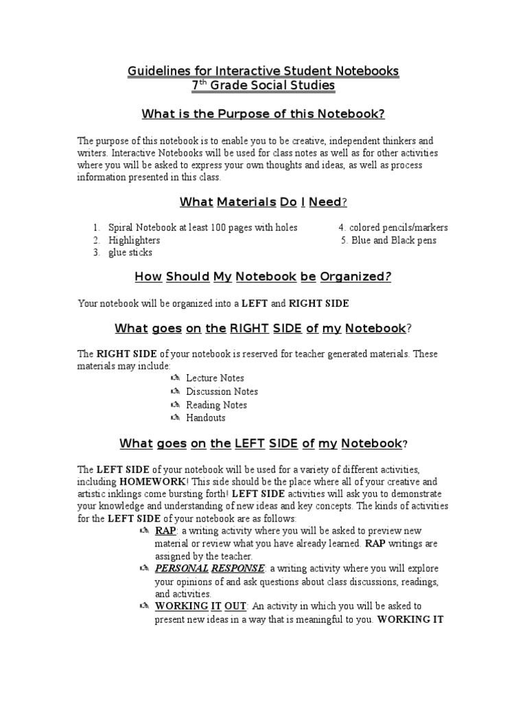 Guidelines For Interactive Student Notebooks | PDF | Notebook | Reading ...