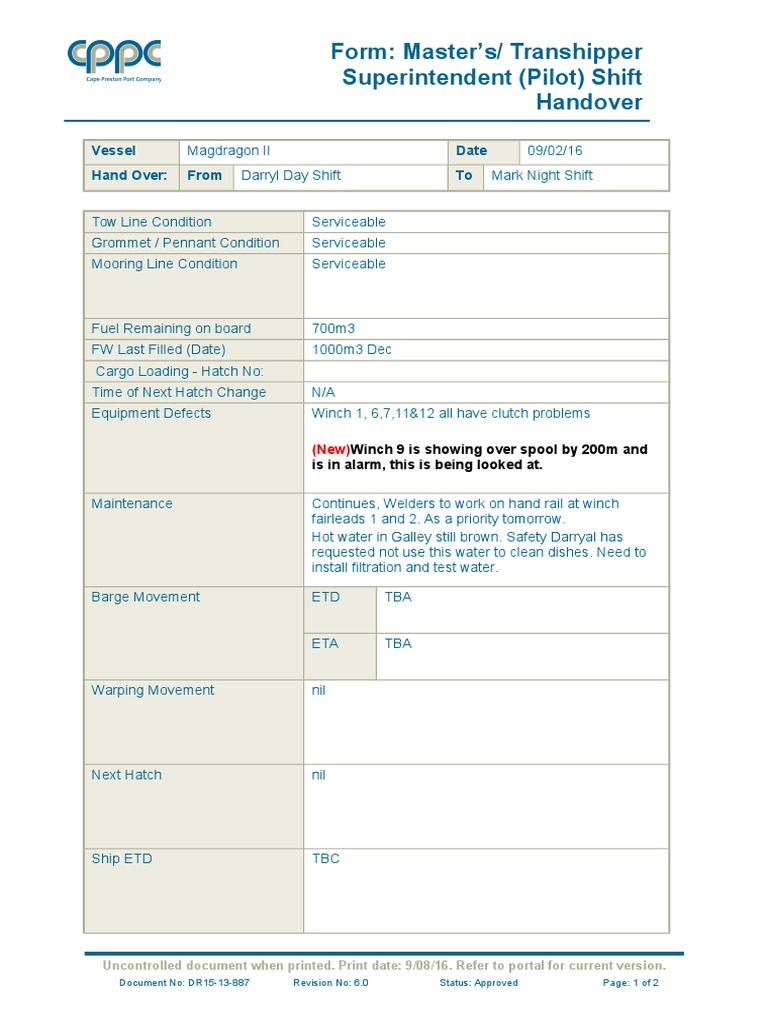 TA 2 09 Feb 2016 Masters Handover Day To Night Shift | PDF | Law ...