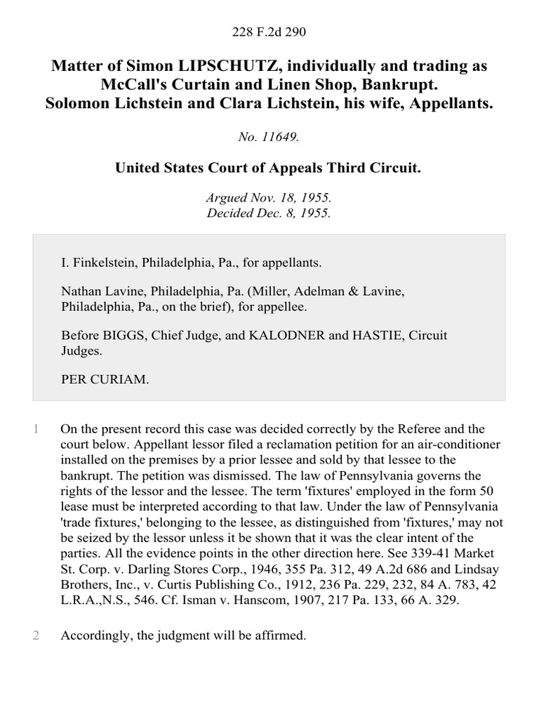 Matter of Simon Lipschutz, Individually and Trading As McCall Curtain and Linen Shop, Bankrupt ...