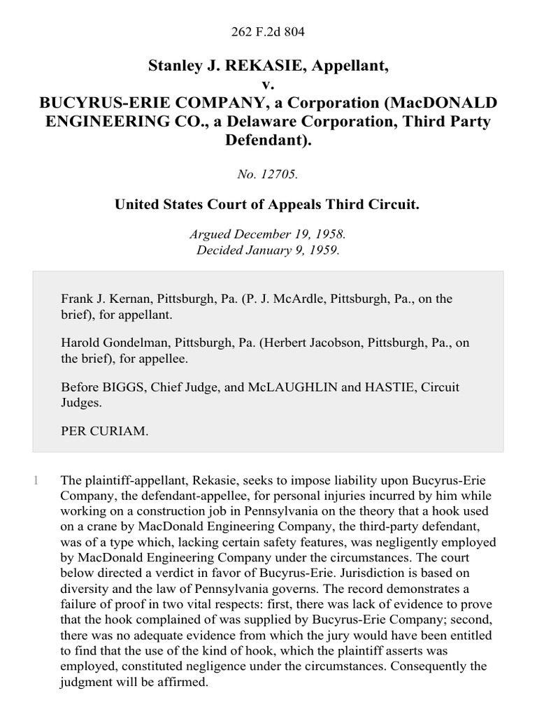 Stanley J. Rekasie, Appellant, V. Bucyrus-Erie Company, A Corporation ...