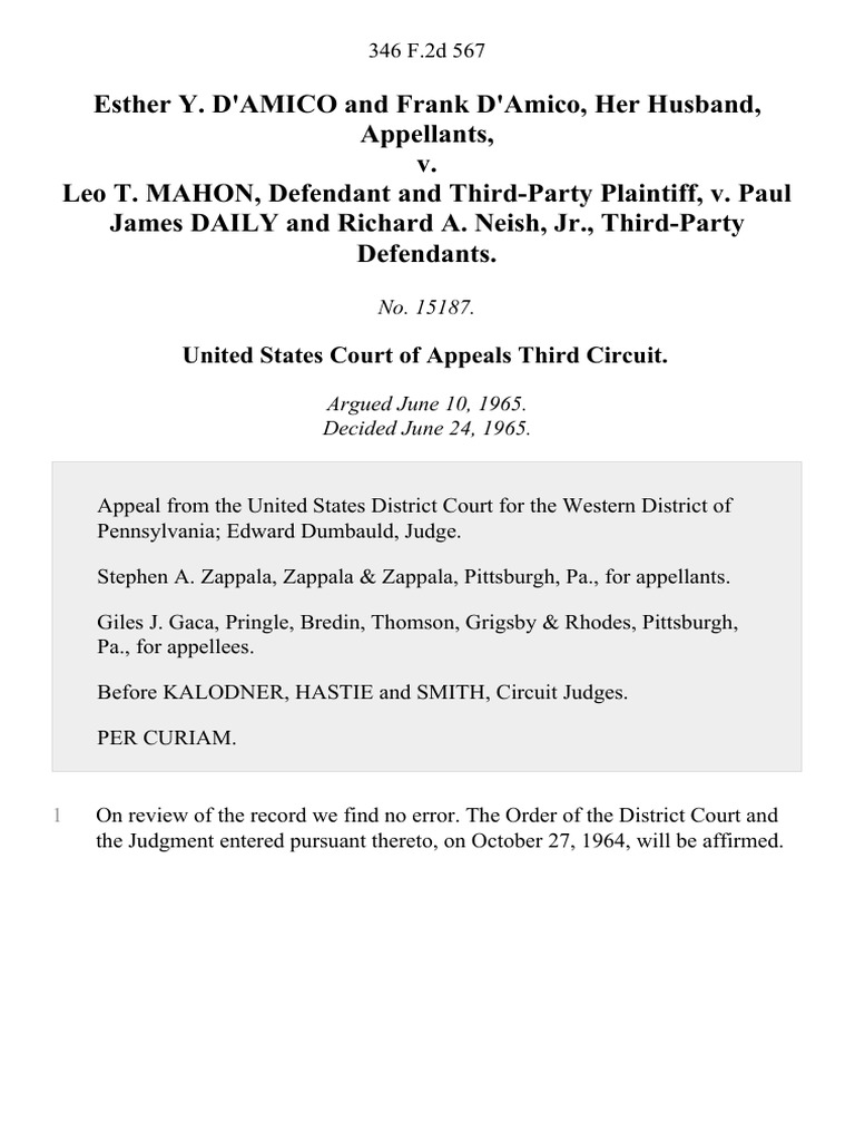 Esther Y. D'Amico and Frank D'amico, Her Husband v. Leo T. Mahon, and ...