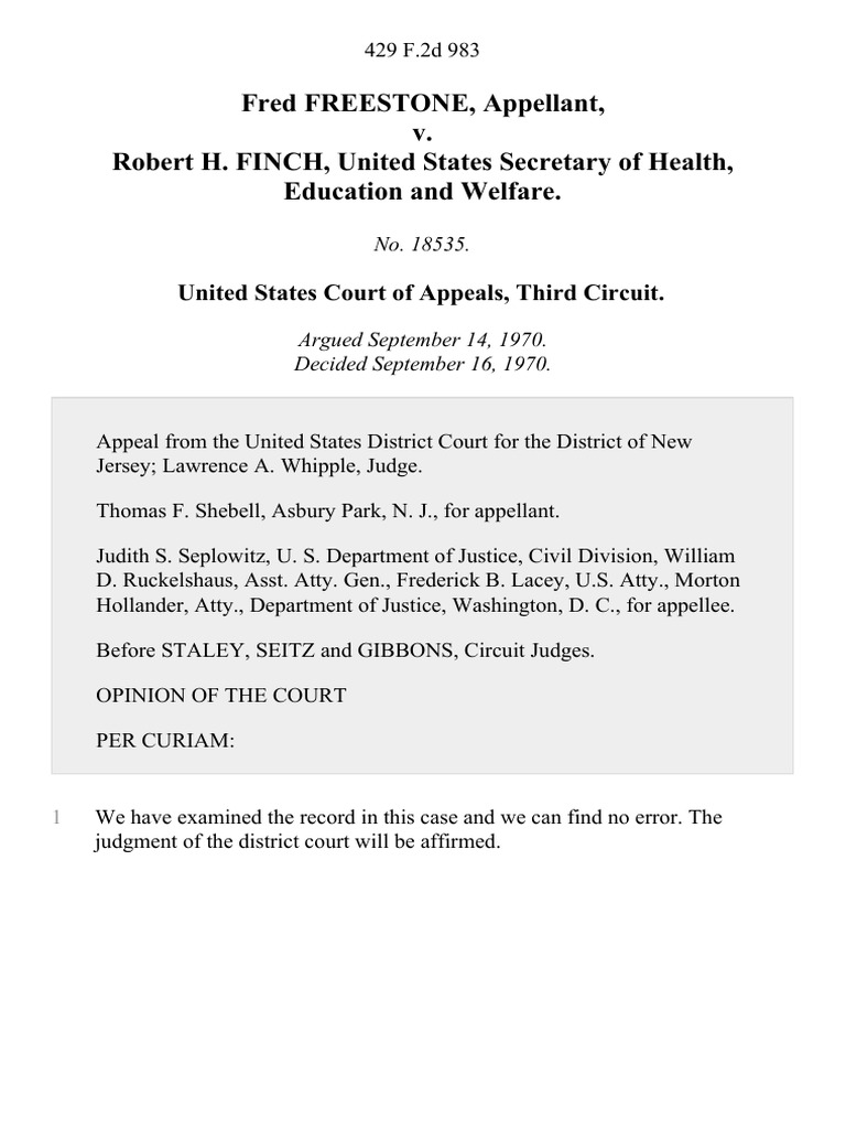 Fred Freestone v. Robert H. Finch, United States Secretary of Health ...