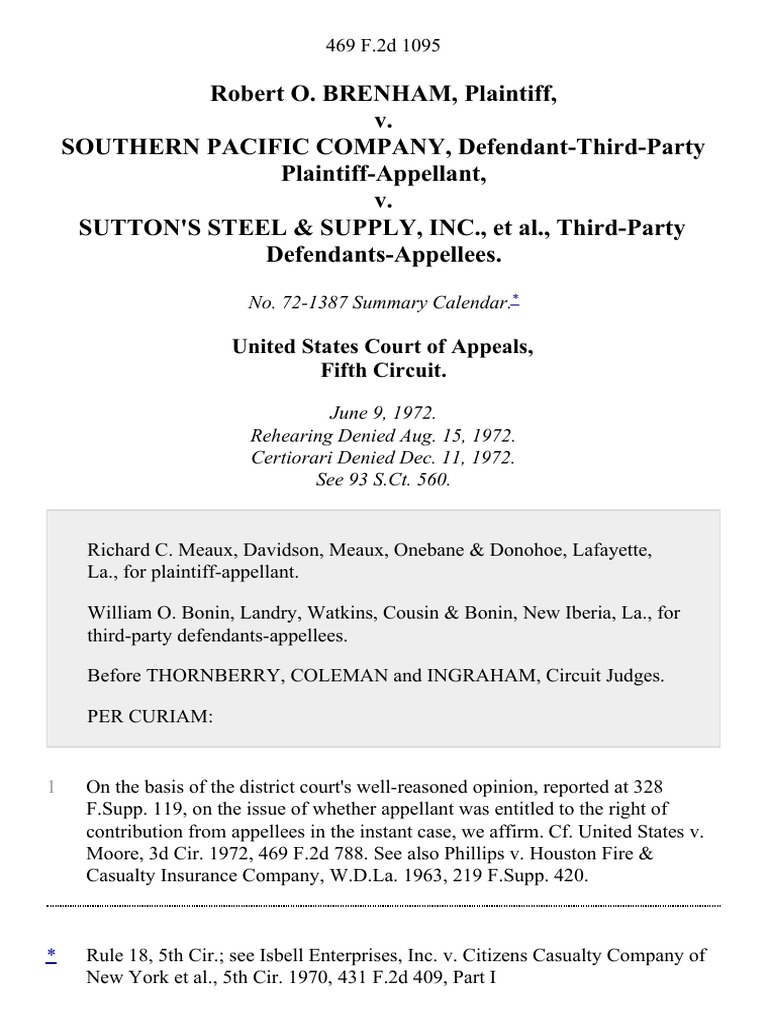 Robert O. Brenham v. Southern Pacific Company, Defendant-Third-Party v ...