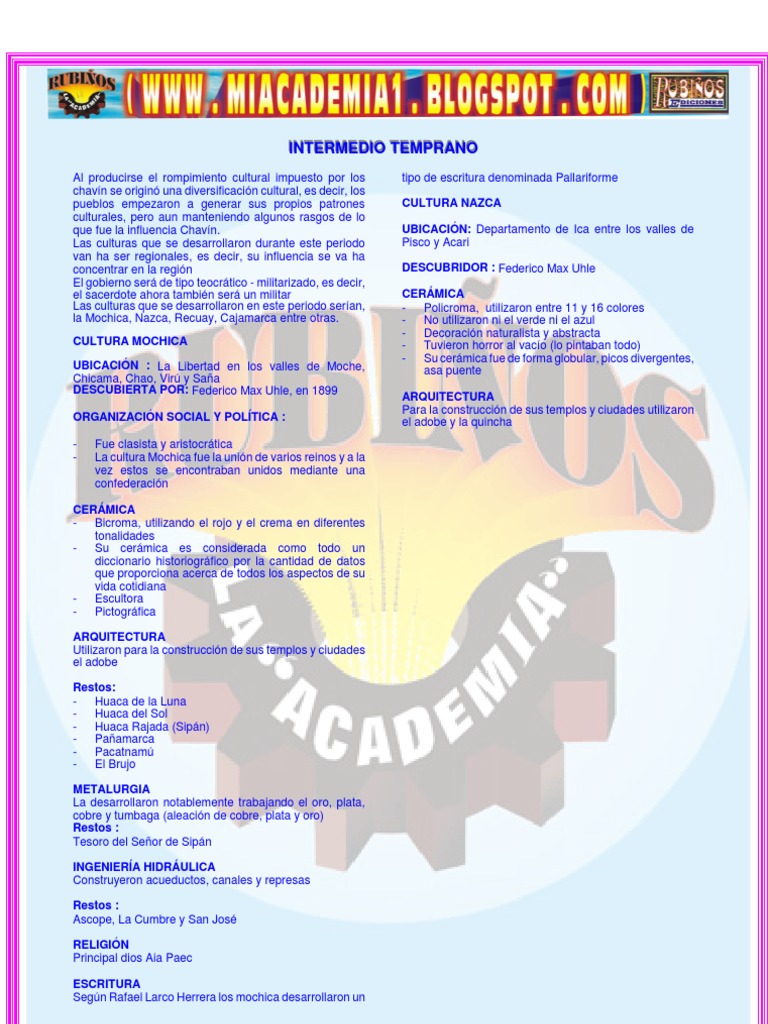 Culturas del Intermedio Temprano: Mochica y Nazca | PDF | Arqueologia ...