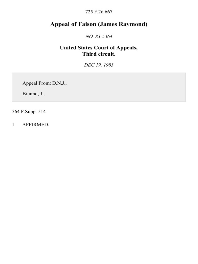 Appeal of Faison (James Raymond), 725 F.2d 667, 3rd Cir. (1983) | PDF