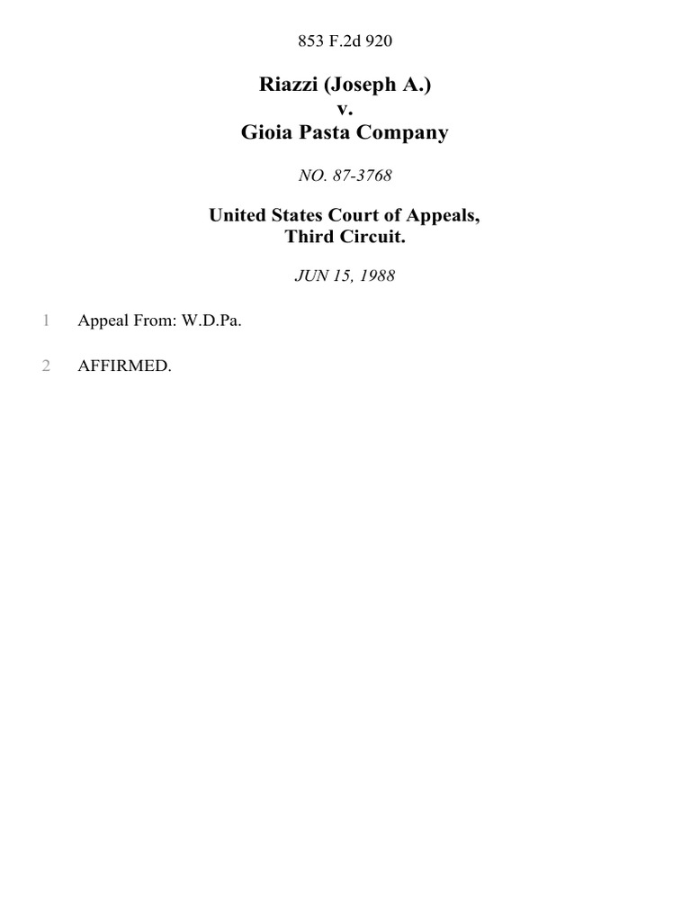 Riazzi (Joseph A.) v. Gioia Pasta Company, 853 F.2d 920, 3rd Cir. (1988 ...