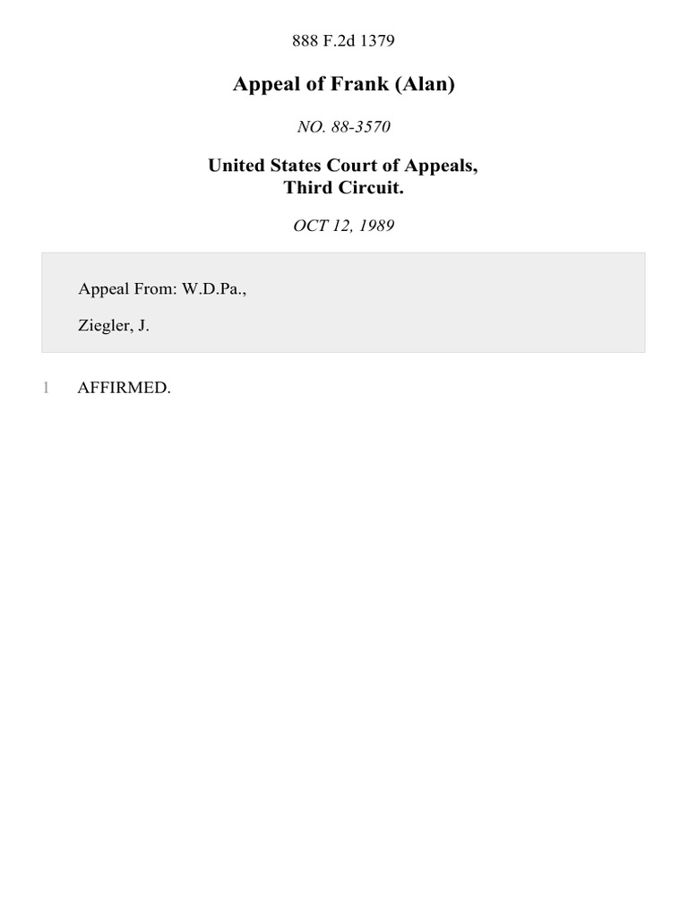 Appeal of Frank (Alan), 888 F.2d 1379, 3rd Cir. (1989) | PDF