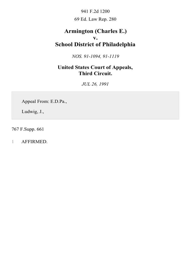 Armington (Charles E.) v. School District of Philadelphia, 941 F.2d 1200, 3rd Cir. (1991) | PDF ...